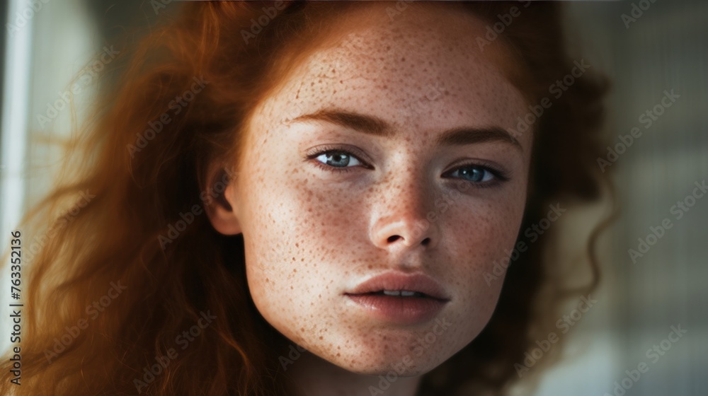 Beautiful young woman with freckles and a model appearance sharing ...