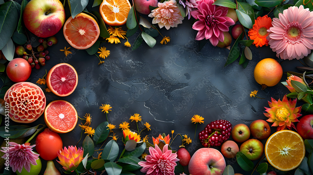 Overhead perspective of a scattered assortment of exotic fruits and ...