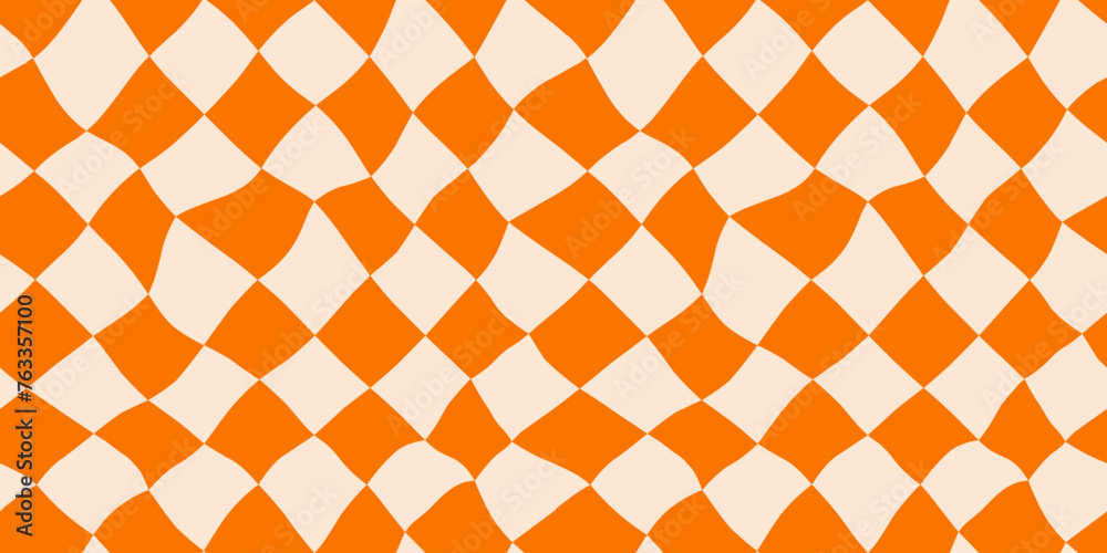 Seamless orange diagonal checkerboard pattern. Repeated distorted ...