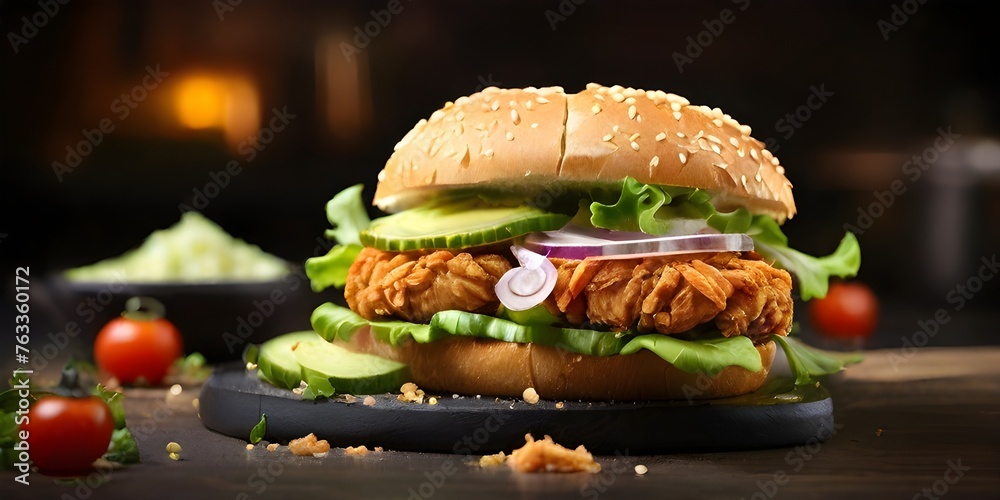 crispy fried chicken zinger burger with lettuce and tomato, fresh ...