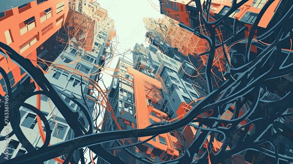 Abstract illustration of a landscape of a distorted, irregular city ...