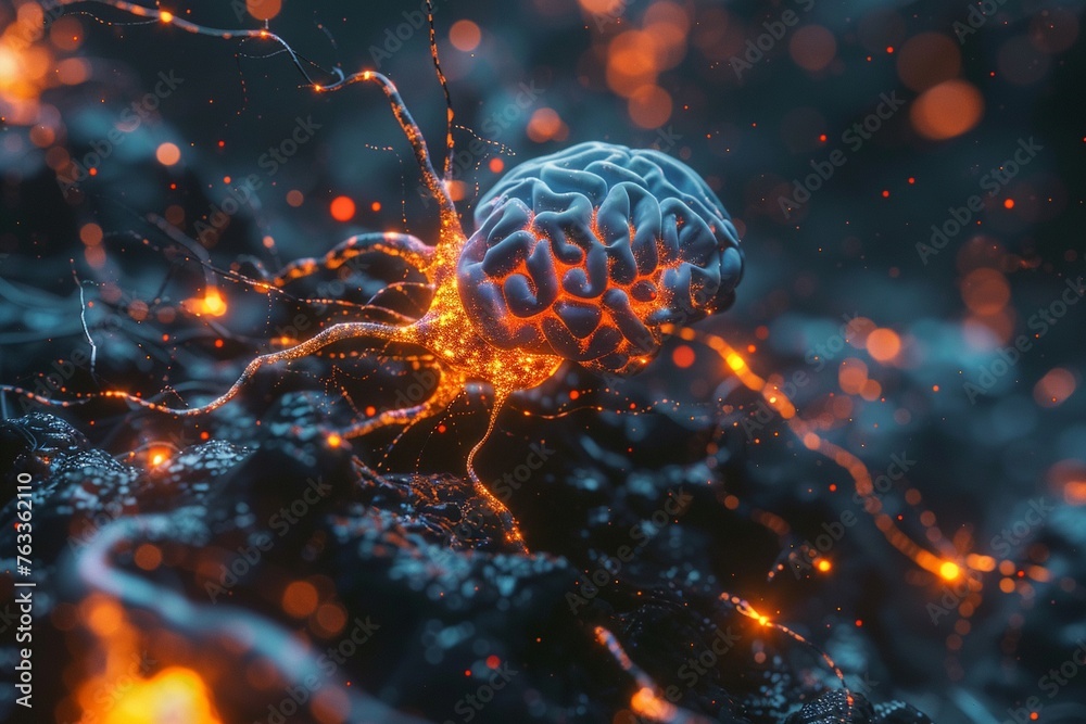 Brain neurons with glowing toxin impacts dark background focus on ...
