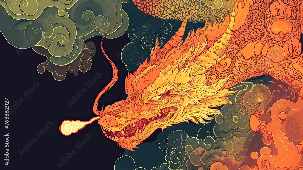 An abstract image of an orange dragon spewing flame, fiery breath ...