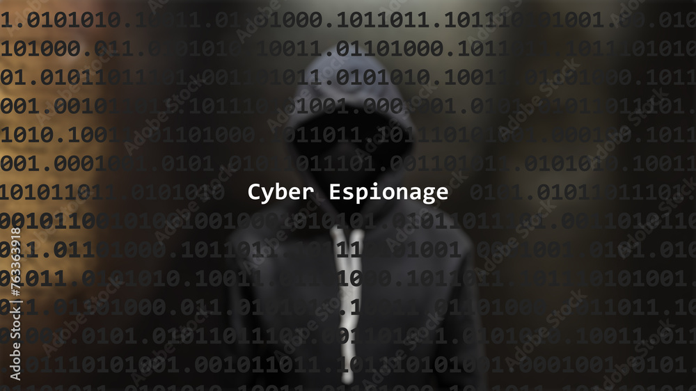 Cyber attack cyber espionage text in foreground screen, anonymous hacker hidden with hoodie in ...