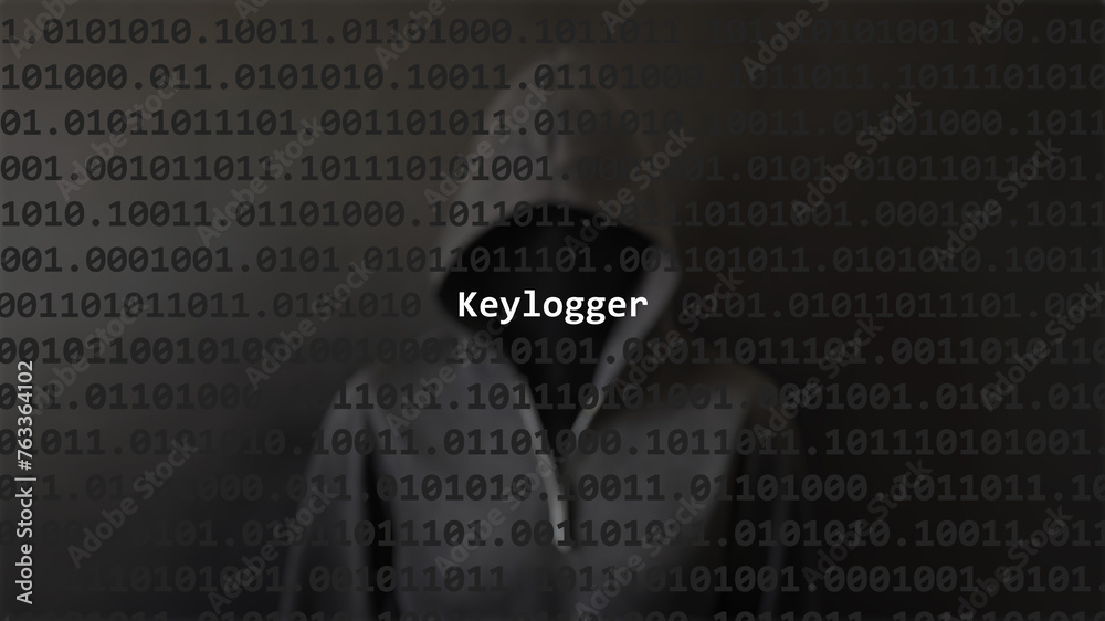 Cyber attack keylogger text in foreground screen, anonymous hacker hidden with hoodie in the ...