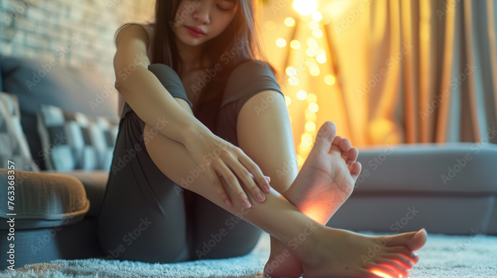 Health care foot pain, suffering asian young woman hand rubbing ...