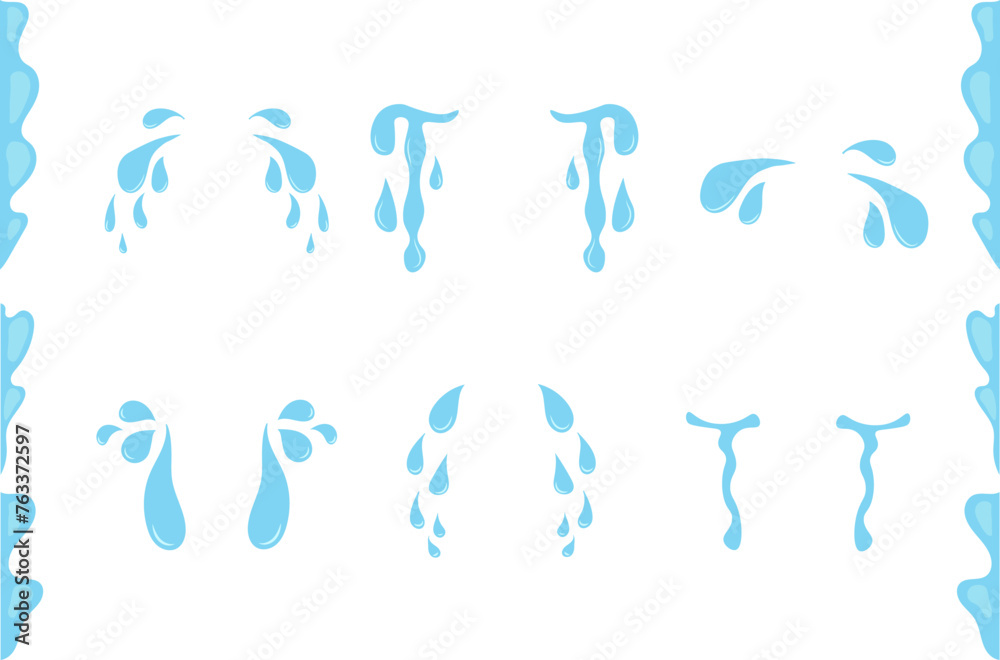 Cartoon blue dripping water drops, splashes, sprays and tears. Liquid ...