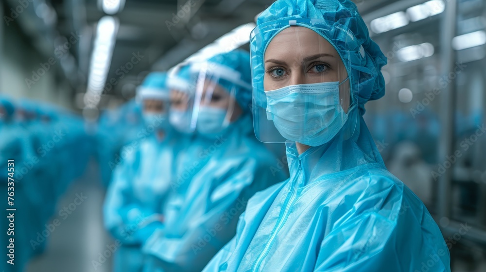 A team of dedicated medical professionals dressed in sterile uniforms, including masks and face ...
