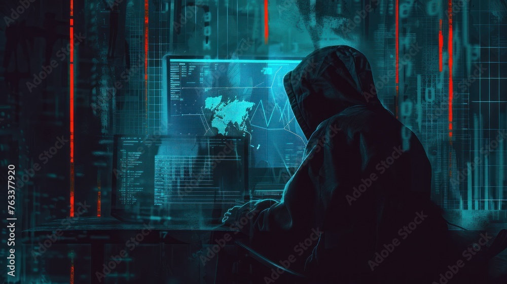 An enigmatic individual studies a global data map on a computer screen ...