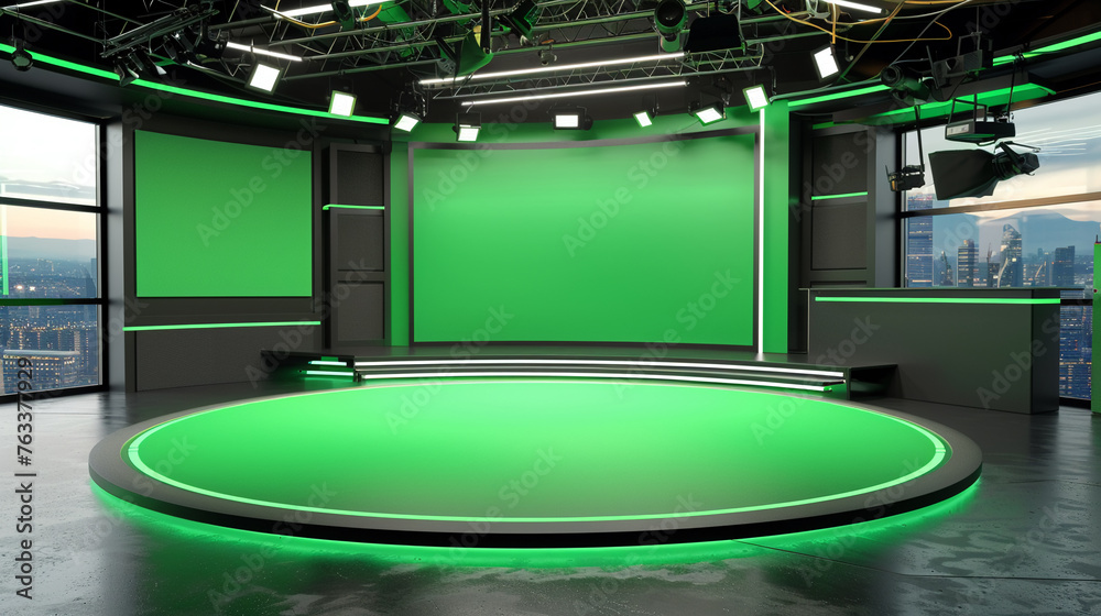 A virtual TV studio set with a green screen background is a versatile ...
