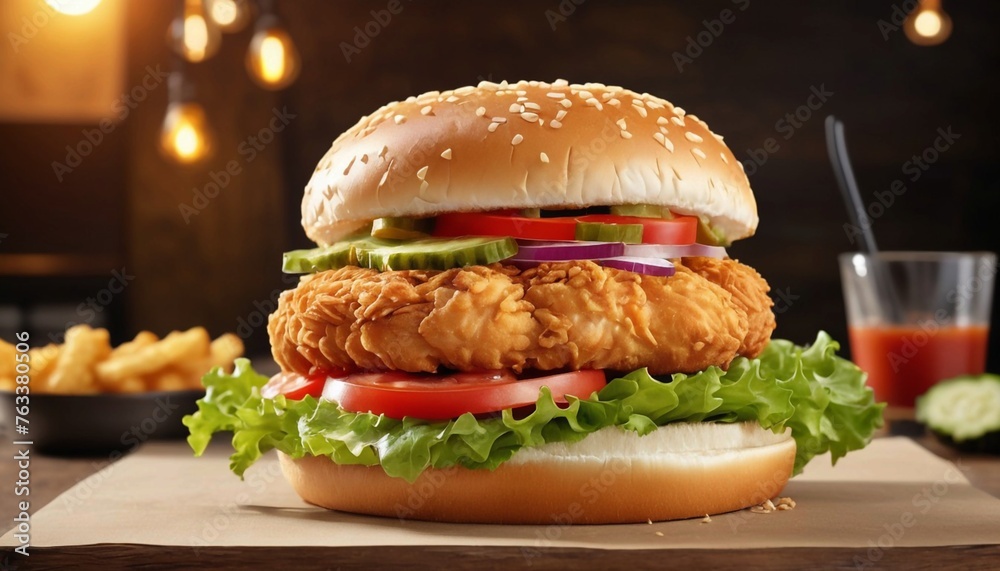 crispy fried chicken zinger burger with lettuce and tomato, fresh ...