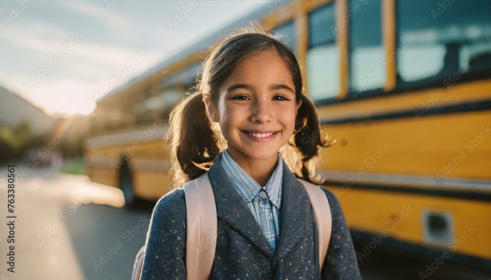Smiling elementary student girl smiling and ready to board school bus ...