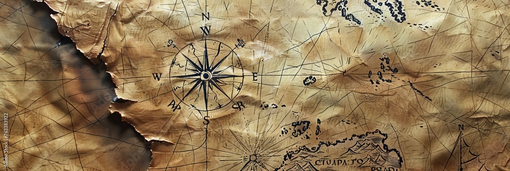 A close-up of an aged, hand-drawn pirate map with a marked X, compass ...