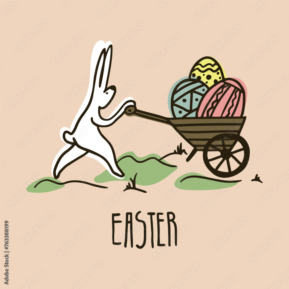 The Easter bunny pushes a wheelbarrow with eggs. Holiday card in retro ...