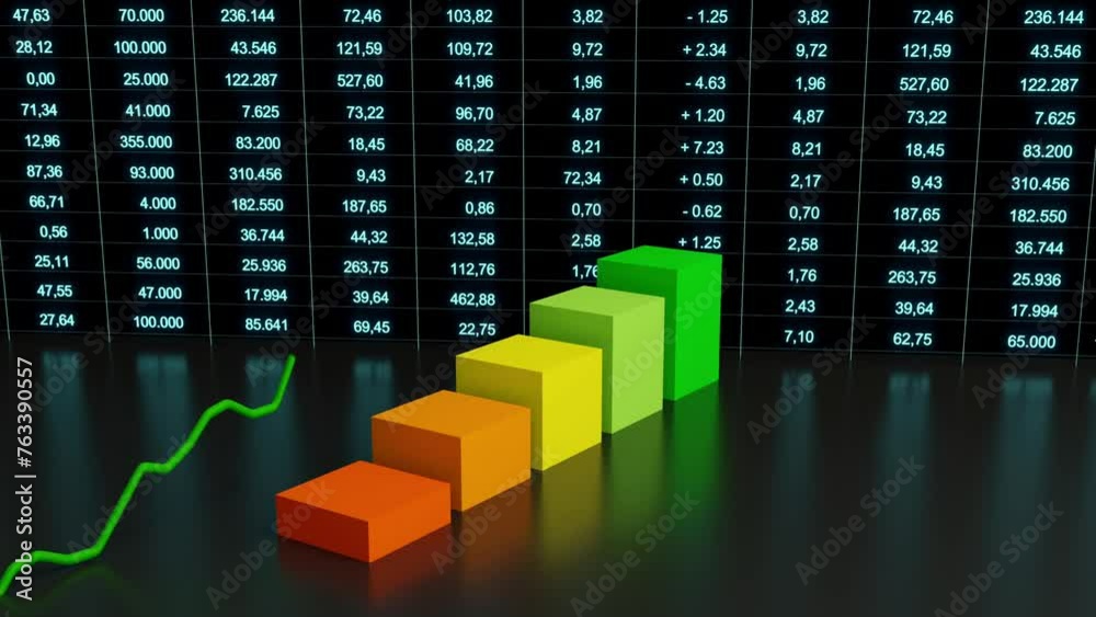 Bar graph and line moving up, spread sheet with numbers in the ...