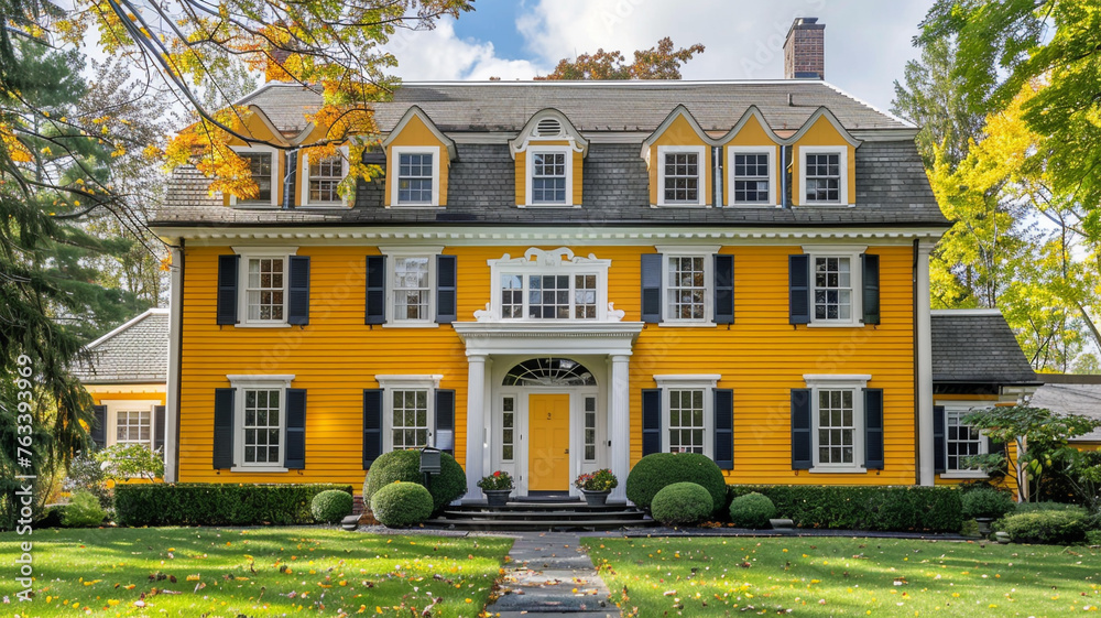 The vibrant exterior of a mustard yellow colonial mansion in Shaker ...