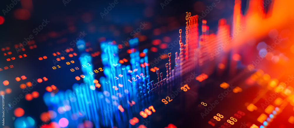 Dynamic data visualization - background: Glowing red and blue graphs depict intricate financial ...