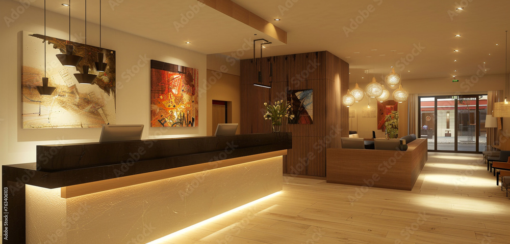 The front-facing view of a boutique hotel reception area, featuring a ...