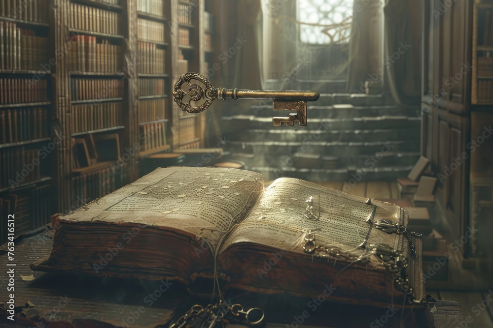 Ancient key floating above magic book in libray, unlock secret spells ...