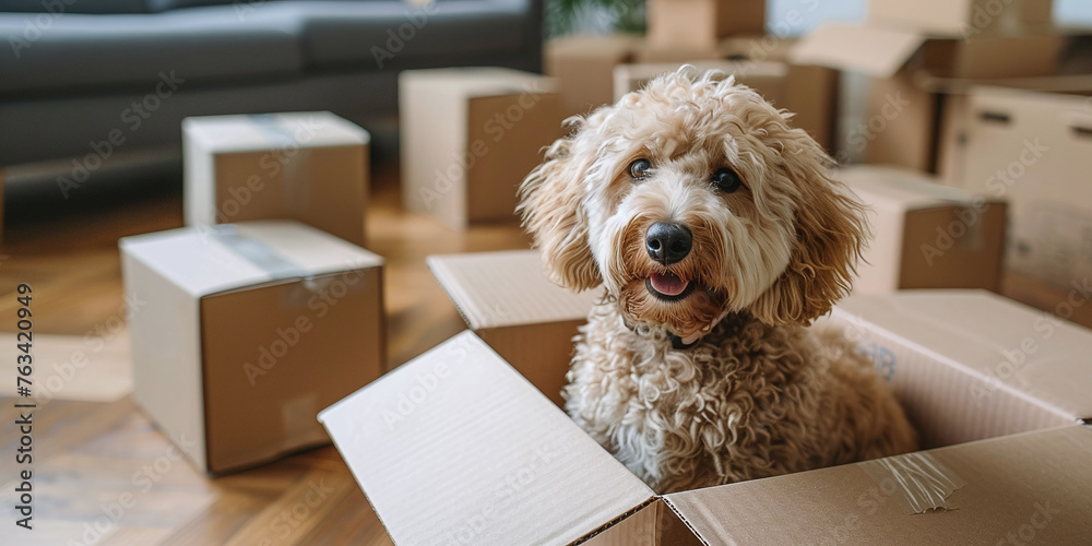 Cute goldendoodle dog sitting in a delivery box against a background of ...