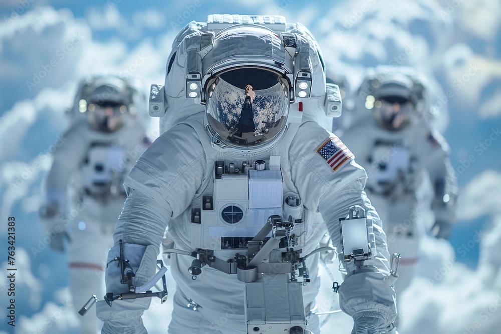 This high-resolution image captures astronauts against a backdrop of ...