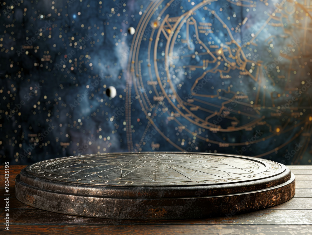 A round table with a large map of the world behind it. The map is ...