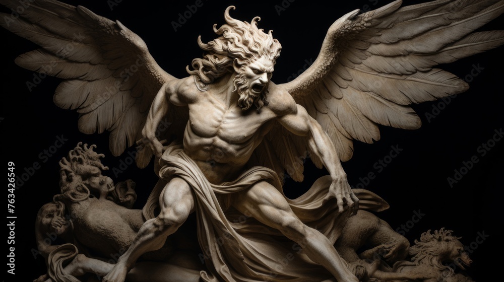 Mythical creature statue serpent body lion head wings spread for action ...