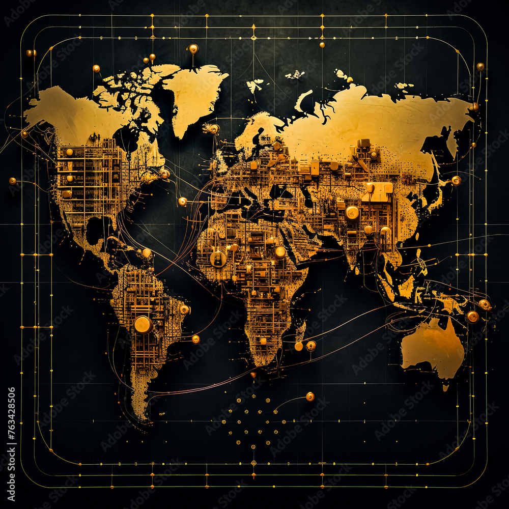 A gold colored map of the world with a grid of dots and lines. The map ...
