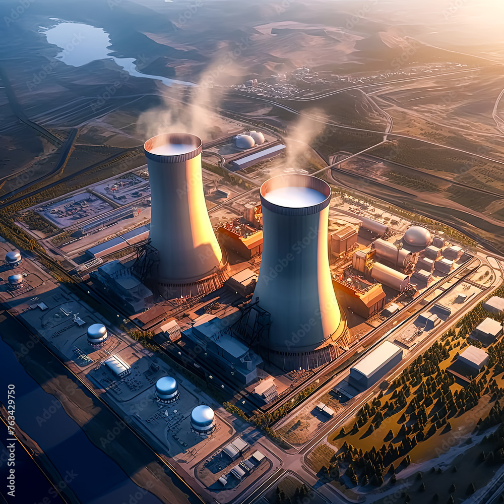 Two large power plants are shown in the image, with steam rising from ...