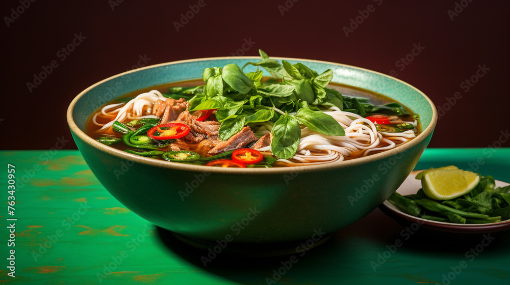 A photograph of a bowl of pho on a deep jade green background ...