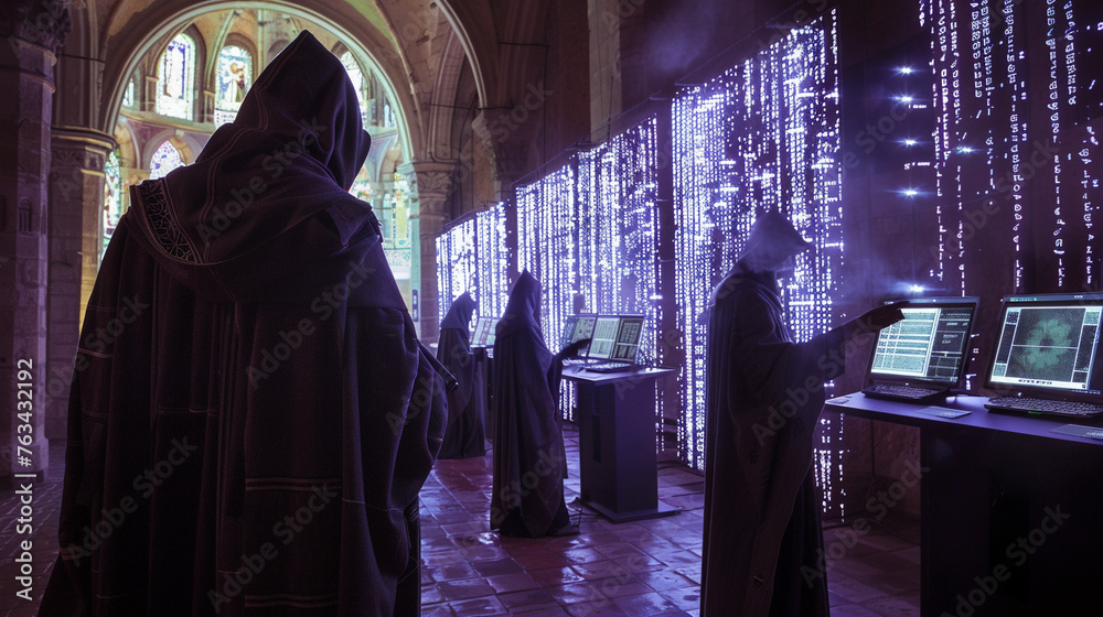 In a monastery where ancient walls meet neon lights, medieval cyber ...
