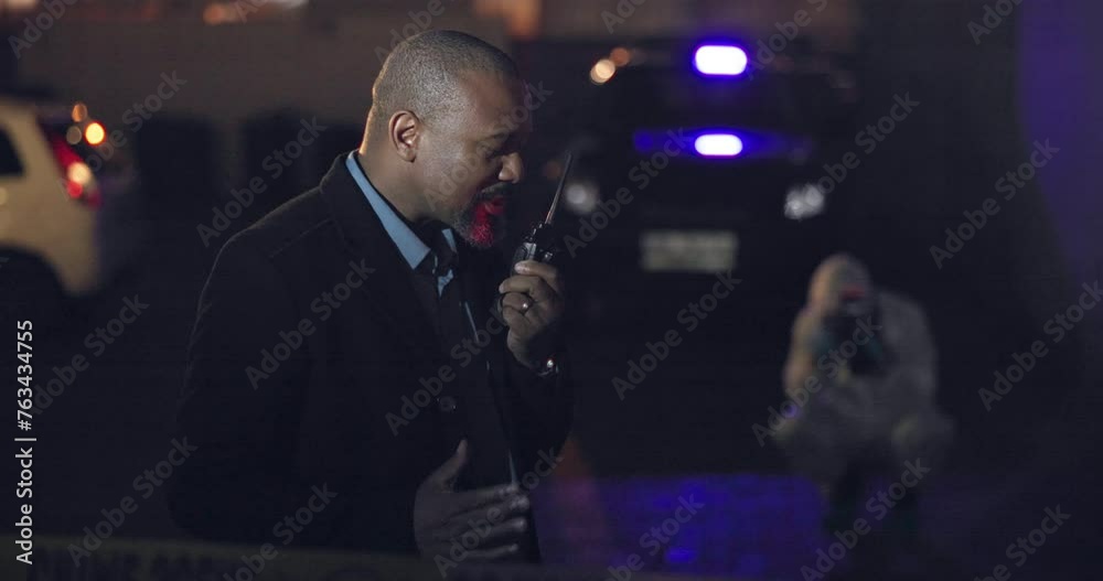 Police, man and radio for talking at crime scene, investigation or ...