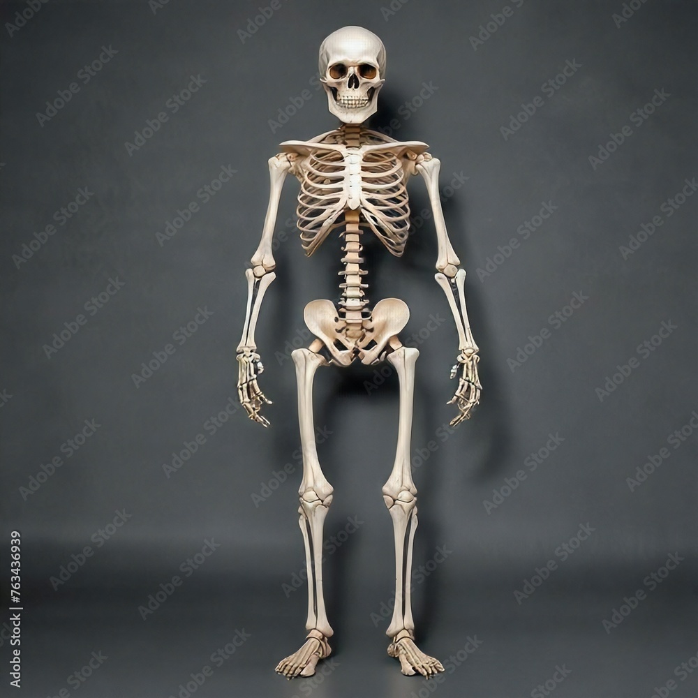 A human skeleton stands upright against a solid black background. The ...