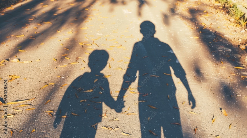 The touching shadows of a father holding hands with his child, cast by ...