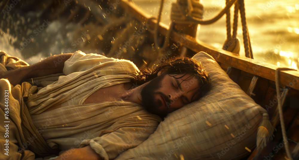 Illustration of the representation of Jesus Christ sleeping in a boat during the beginning of a ...