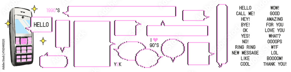 Trendy modern retro y2k elements set with pixel 8 bit speech bubbles ...