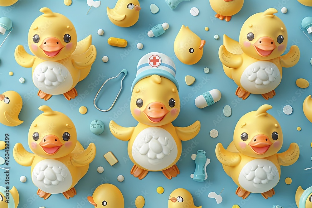 A cartoon illustration of duck nurses in various poses, surrounded by ...
