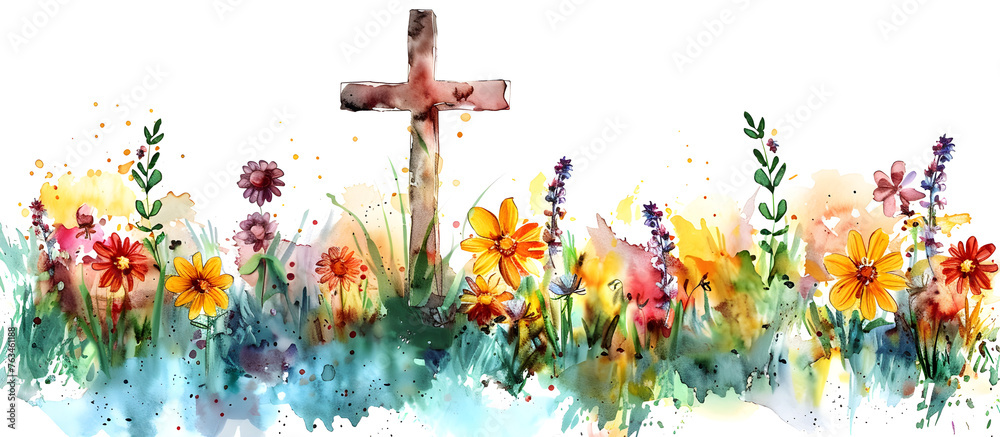 Christian cross clipart with watercolor Easter theme border and banner ...