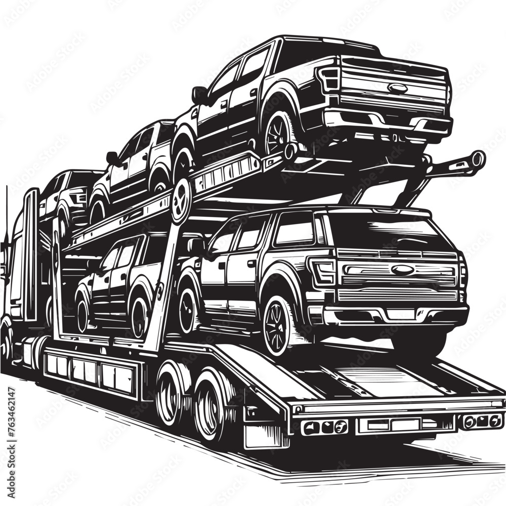 Car carrier trailer side view. Black and white illustration. Car hauler ...