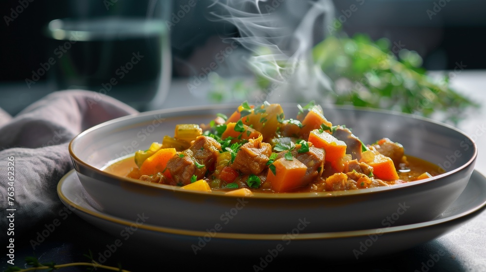 Luxurious slow-cooked vegetable and meat stew, carefully plated in a ...