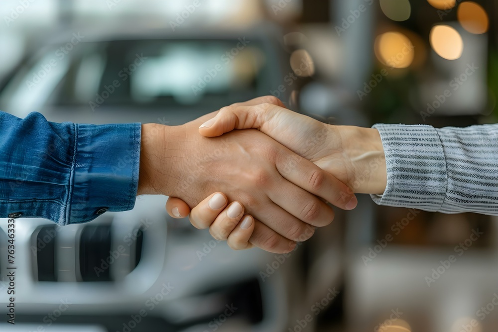 Car insurance agents shake hands with satisfied customer against office ...