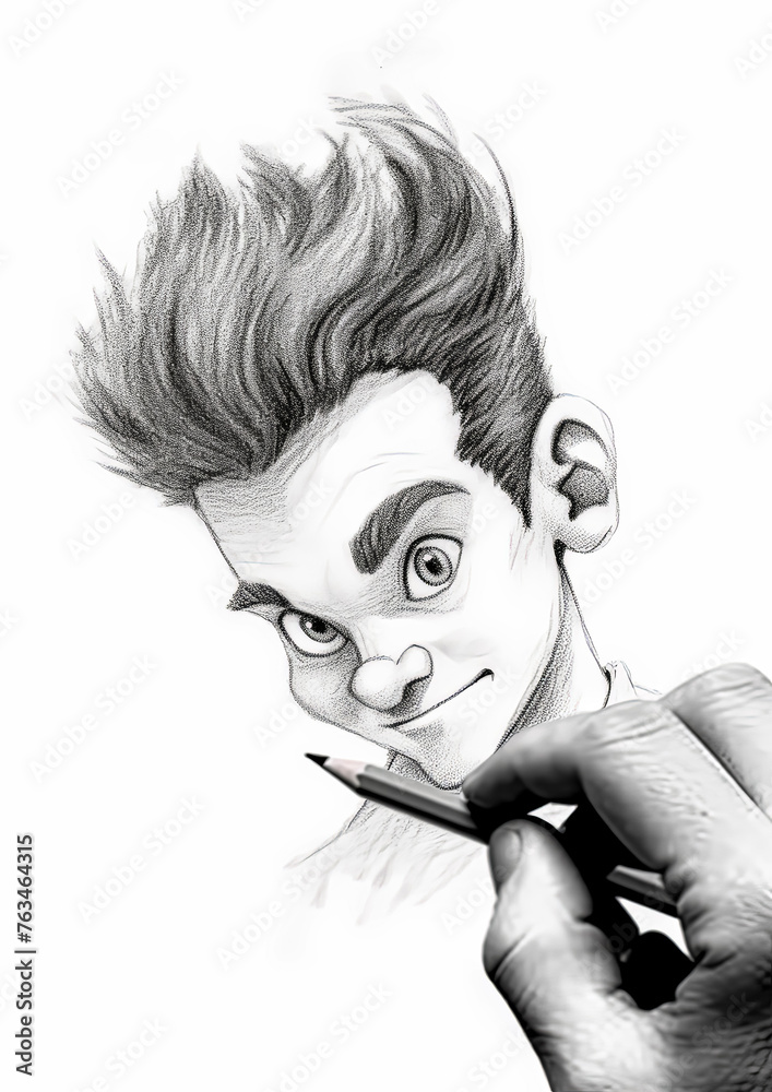 A man is drawing a cartoon character with a pencil. The character has a ...