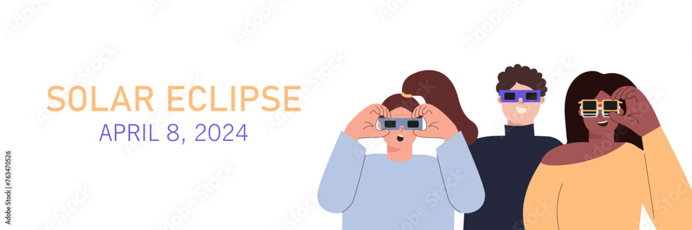 Diverse people watching total solar eclipse 2024. Horizontal banner ...
