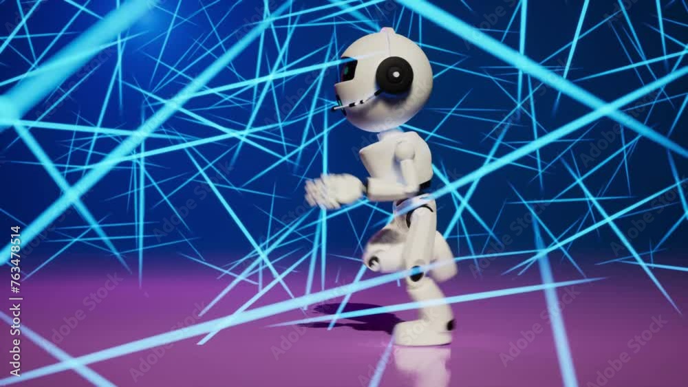 running cute humanoid cartoon robot on blue background with neon lasers ...