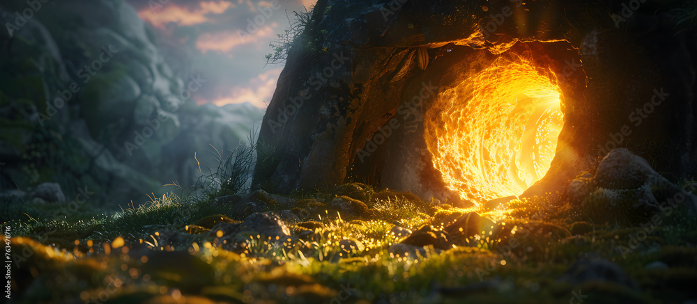 Jesus' tomb stone rolled away with light shining inside, illustrating ...