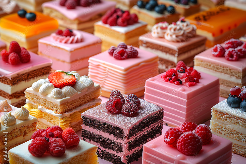 Dessert top view. Collection of different dessert foods in high ...