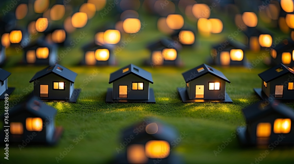 An area of one-story houses lit up at night. The houses are all the ...