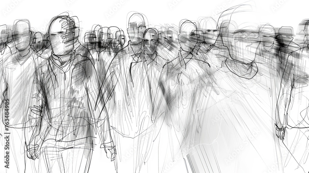 The black and white drawing depicts many faceless figures of people in ...