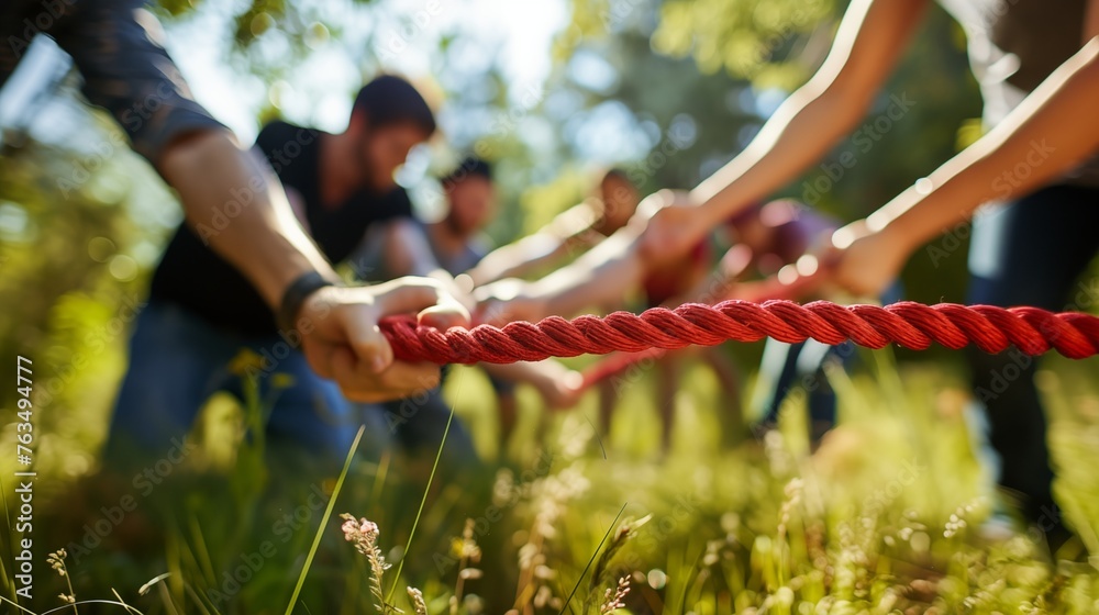 People helping each other pull ropes demonstrate strength and teamwork ...