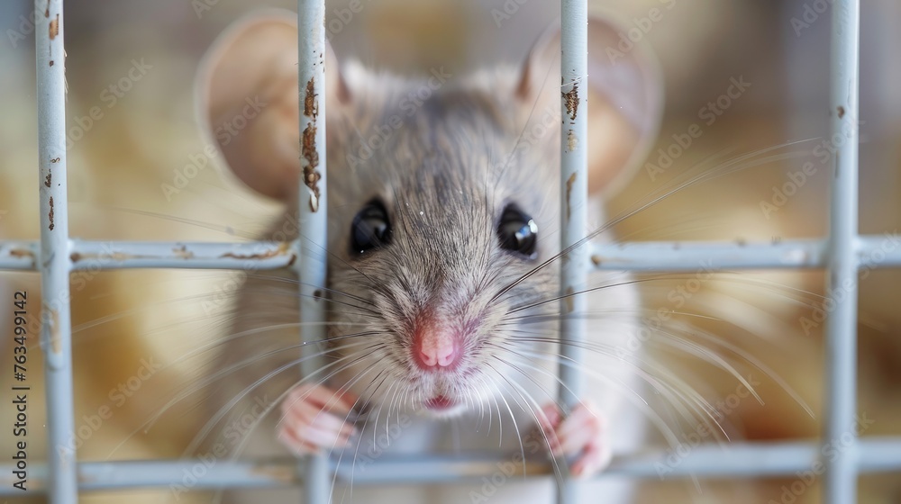 A gray molting rat amusingly holds cage bars with its teeth, a ...
